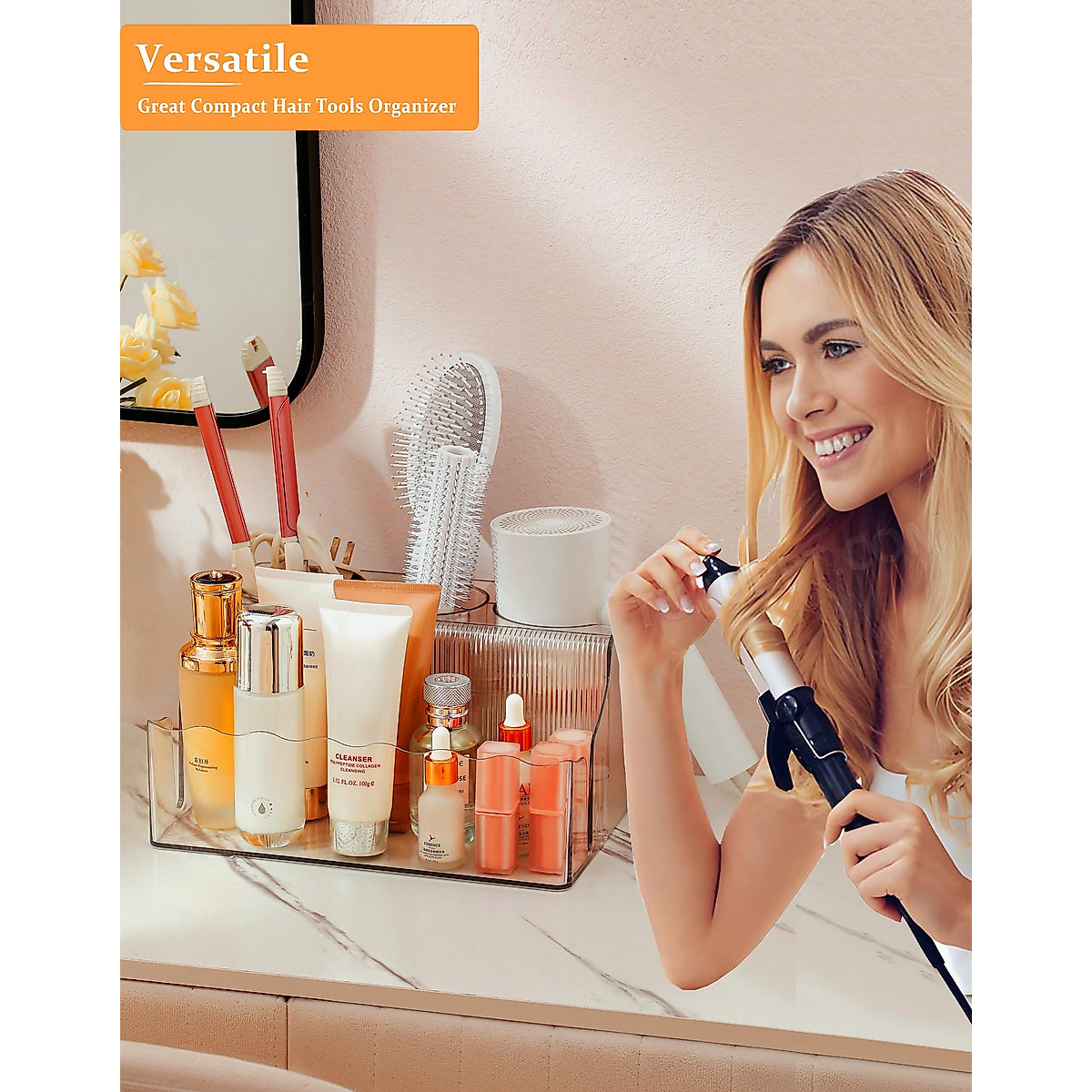 Ecolumnior Clear Bathroom Storage Hair Tools Organizer for Hot Tool, Hair Accessories, Brushes, Comb, Hair products, and Makeup, Vanity Countertop.