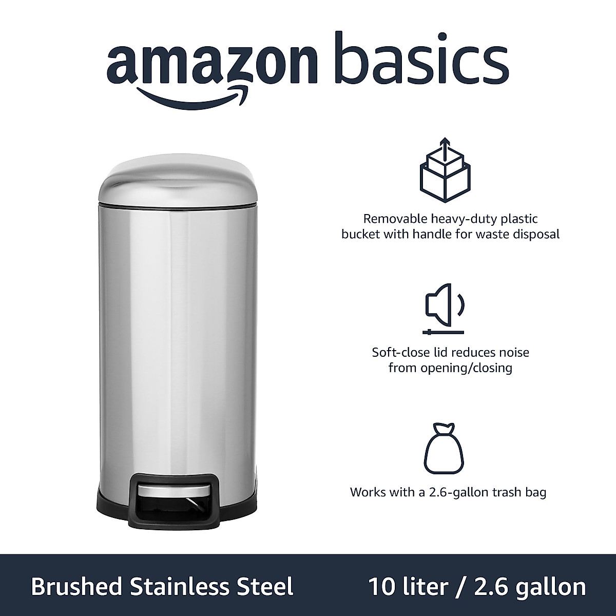 Amazon Basics 10 Liter / 2.6 Gallon Soft-Close, Smudge Resistant Trash Can with Foot Pedal for Narrow Spaces - Brushed Stainless Steel
