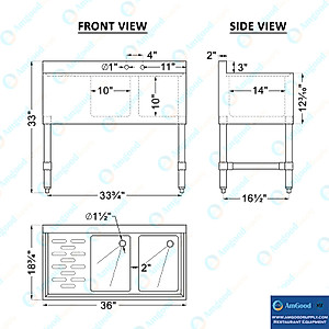 AmGood 2 Compartment Under Bar Sink With 12" Left Drainboard and Faucet - 36" X 18 3/4". NSF. Commercial Two Bowl Under Bar Sink