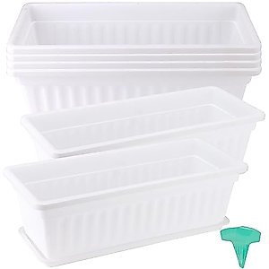 JOIKIT 6 Packs 17 Inch White Plastic Flower Window Boxes Planters with Drainage Holes & Tray, Rectangular Long Vegetable Flower Windowsill Box Planter Pot with Plant Label for Garden Patio Balcony