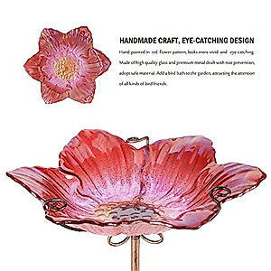MUMTOP Bird Baths for Outdoors Glass Bird Bath Bowl Outdoor Bird Feeder Flower Pattern with Metal Stake for Garden, Yard and Lawn Decor (Red)