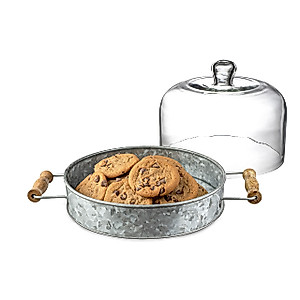 Royalty Art Farmhouse Cake Plate with Glass Dome, Rustic Kitchen and Dining Room Platter with Carry Handles, Galvanized Steel Base, Decorative Home Decor for Cupcakes and Pastries