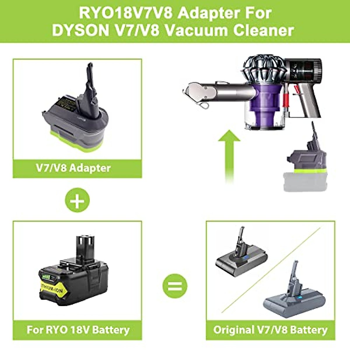 【Upgraded】 2-in-1 V7/8 Adapter for Ryobi 18V Lithium Battery Convert to for Dyson V7/8 Handheld Vacuum Cleaner Battery Compatible with V7/8 Animal V7/8 Absolute V7/8 Motorhead Pro V7/8