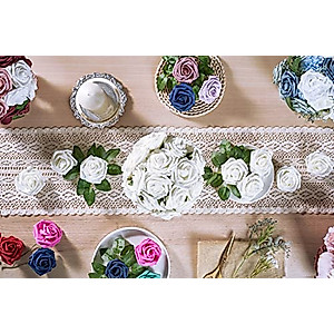 H.FLOLAVIDA White Foam Rose Artificial Flowers Heads with Stems, 25pcs Fake Flowers for DIY Wedding Decor, Baby Shower, Bridal Shower, Wedding Bouquet,Party Centerpiece Table Decorations