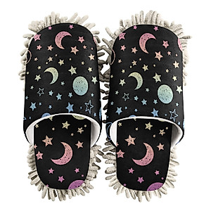FLildon Microfiber Cleaning Slippers Gradient Moon Stars Washable Mop Shoes Slipper for Men/Women House Floor Dust Cleaner, Size L