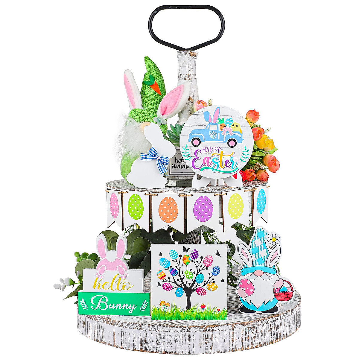 11 PCS Easter Tiered Tray Decorations Bunny Eggs Wood Signs Easter Wooden Table Signs Easter Wood Block Decor with Holder for Spring Holiday Tabletop Centerpieces Home Party Supplies