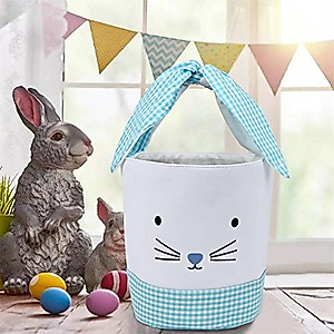 Leziazany Plaid Easter Bunny Basket Bags for Kids Canvas Egg Hunt Basket Bucket Monogrammed Rabbit Egg Gift Bags Polka Dot Portable Easter Tote Bag Party Candy Storage Decoration…