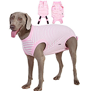 Wabdhally Dog Surgery Recovery Suit for Female Spay,Surgical Suit for Large Female Dogs,Soft Combed Cotton,Striped Pink Zipper Onesie XL