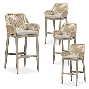 PURPLE LEAF Outdoor 29" Bar Stools Set of 4, Boho Patio Bar Height Chair with Cushion and Back for Outdoor and Indoor, Kitchen, Garden, Patio, Champagne