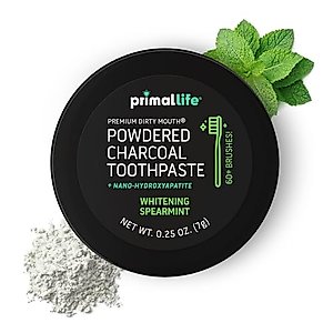 Primal Life Organics - Dirty Mouth Toothpowder, Activated Charcoal Tooth Cleaning Powder, Essential Oils with Kaolin & Bentonite Clay, 200+ Brushings, Organic, Vegan (Black Spearmint, 0.25 oz)