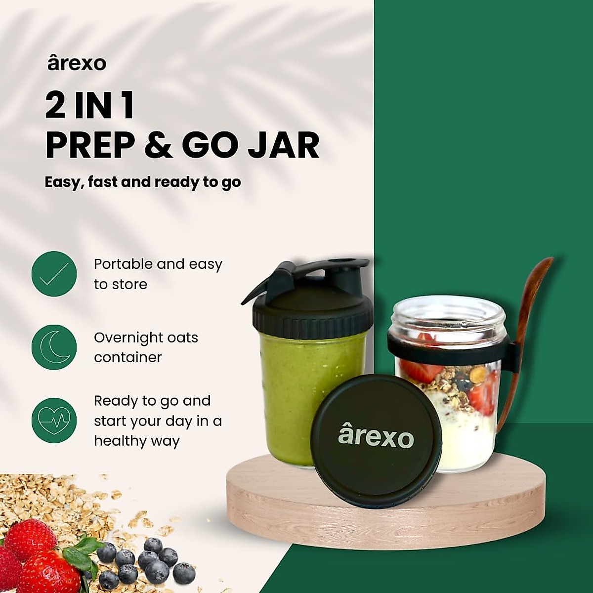 arexo Overnight Oats Containers with Lids – Practical Oatmeal Oat Jars – 3pcs Overnight Oatmeal Jars with Regular Lid and Blender-Style Lid – Thick Glass Overnight Oat Container – Lightweight and Comp