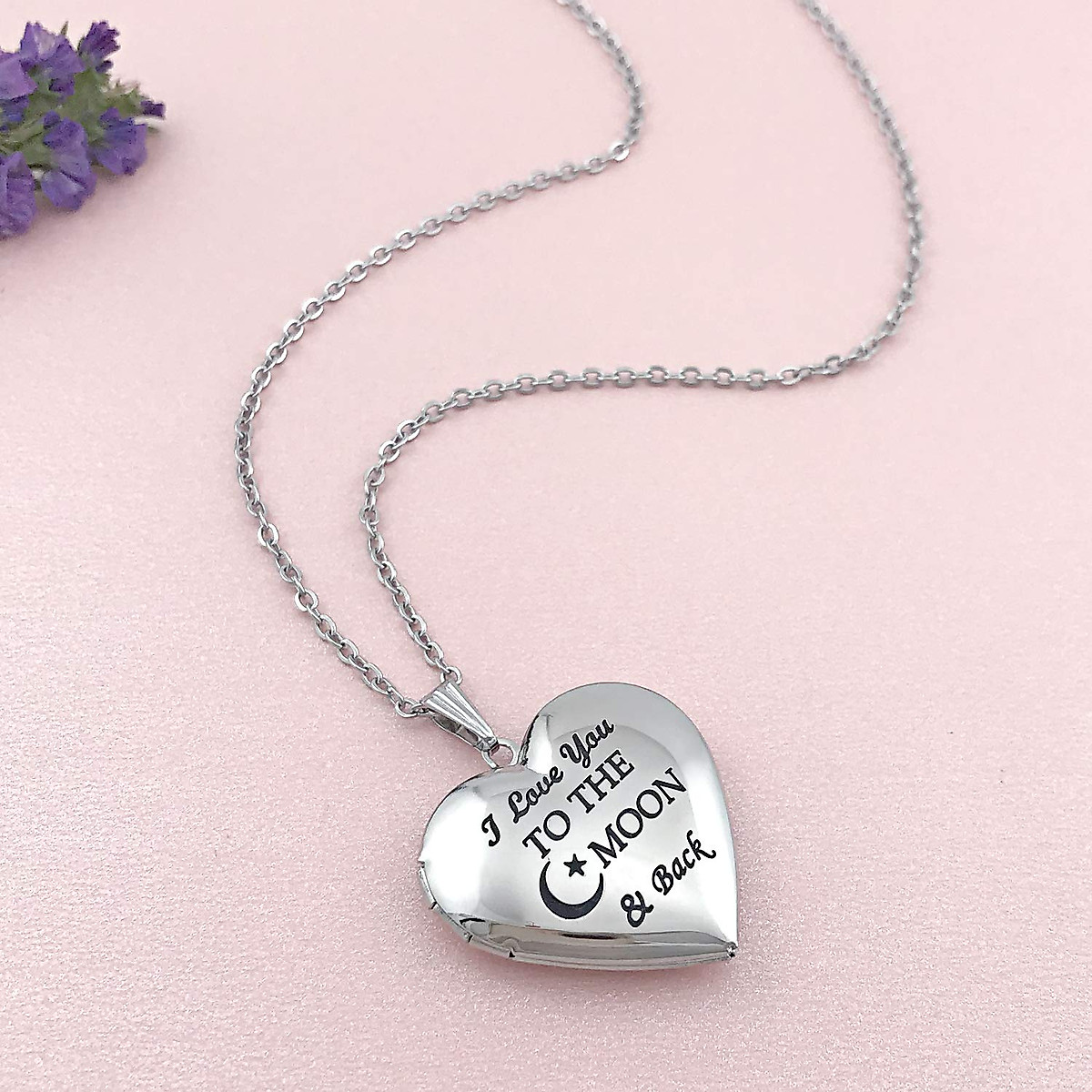 YOUFENG Love Heart Locket Necklace That Holds Pictures Engraved Always in My Heart Memories Photo Lockets (Moon & Back locket)