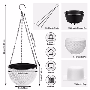 Gejoy 4 Pieces Self Watering Hanging Planter for Outdoor Indoor Plants 8 Inch Plastic Plant Hanger with Drain Hole and Chain Flower Plant Pot Hanging Basket Garden Planters and Pot, White