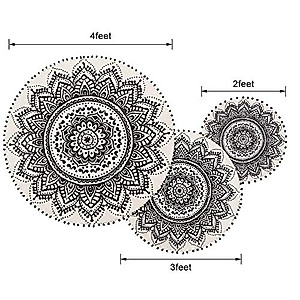 LIVEBOX Boho Bathroom Rug 2ft Machine Washable Black and Cream Small Mandala Round Area Rug with Chic Pom Pom Fringe Non-Slip Ultra Soft Throw Sofa Mat for Bedroom Playroom Kids Room