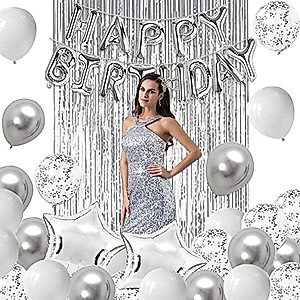 Silver Birthday Decorations,Silver Metallic Confetti Latex Balloons,Silver Happy Birthday Balloons Banner with 2Pcs Large Silver Star Foil Balloons,Silver Fringe Curtains Photo Booth Props