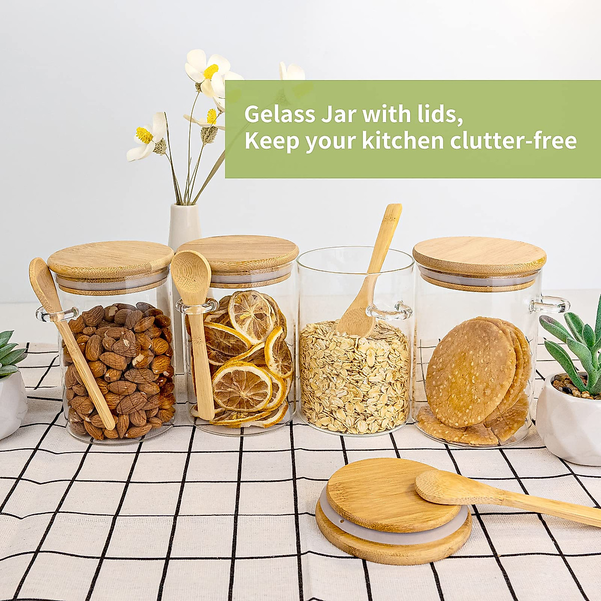 Airtight Food Storage Containers, Glass Storage Canister with Wooden Spoon and Lids, 20 Oz Glass Jars with Lids,Glass Jar for Serving Bath Salt Sugar Spice Coffee Tea Cereals Condiment Food (2 set)