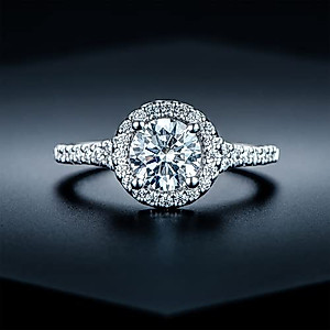 Classic Halo 1ct 6.5mm Round Brilliant Cut D Color VVS Moissanite Engagement Rings for Women Silver Moissanite Ring (6.5)
