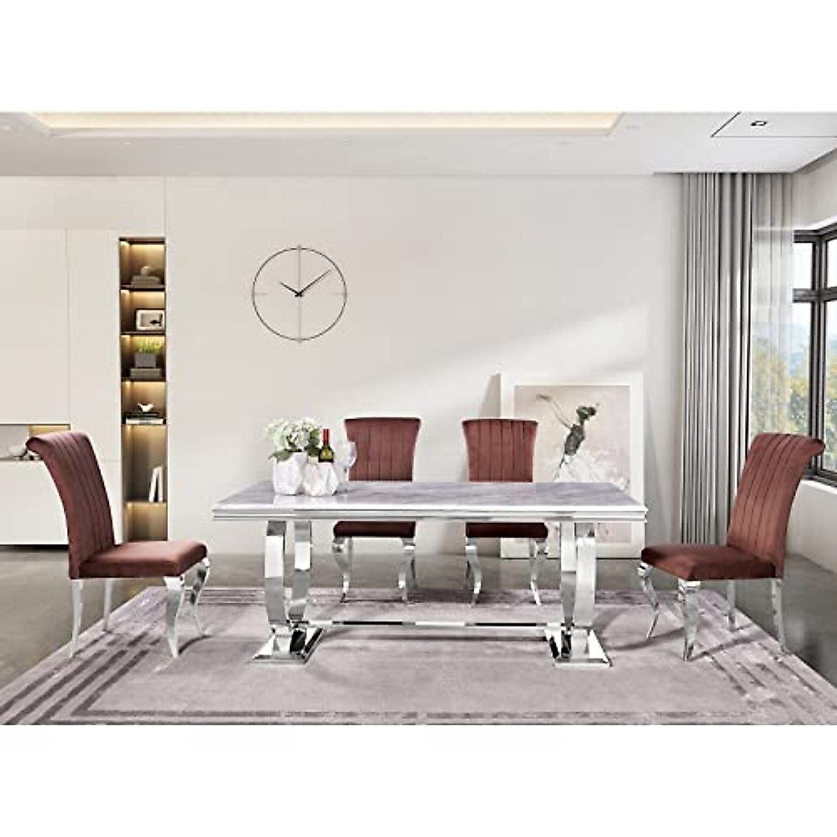 ACEDÉCOR Modern Dining Room Table with Silver Stainless Steel Metal U-Base in Grey Silver