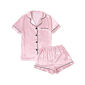 LYANER Women's Striped Silky Satin Pajamas Short Sleeve Top with Shorts Sleepwear PJ Set Pink Large