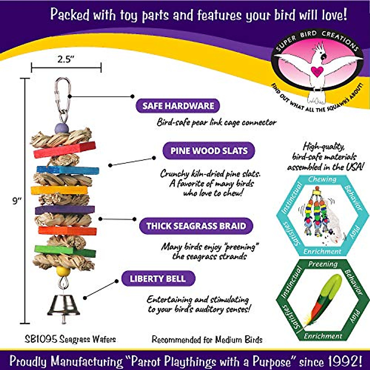 Super Bird Creations SB1095 Seagrass Wafers Bird Toy, Medium Bird Size, 9" x 2.5" x 1.5"