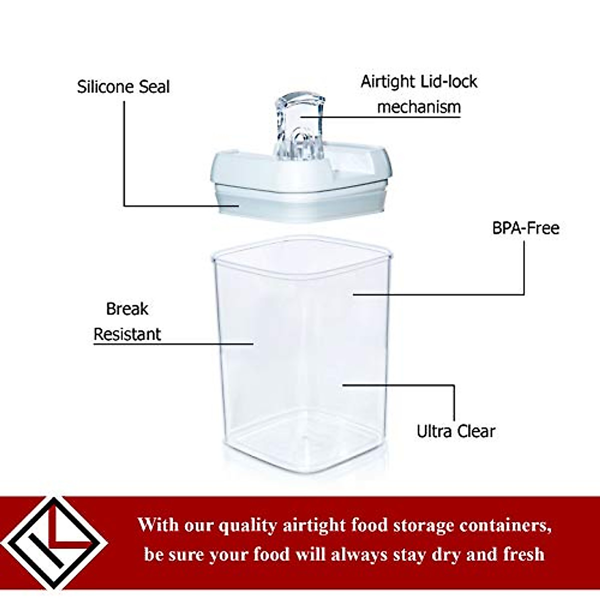 Kitchen Logic Airtight Food Storage Containers with Lids, Easy To Lock, Kitchen Pantry Organization and Storage Canister Set for Cereal, Pasta, Plus Labels, Marker, BPA-Free, 7 Piece Set (White Lids)