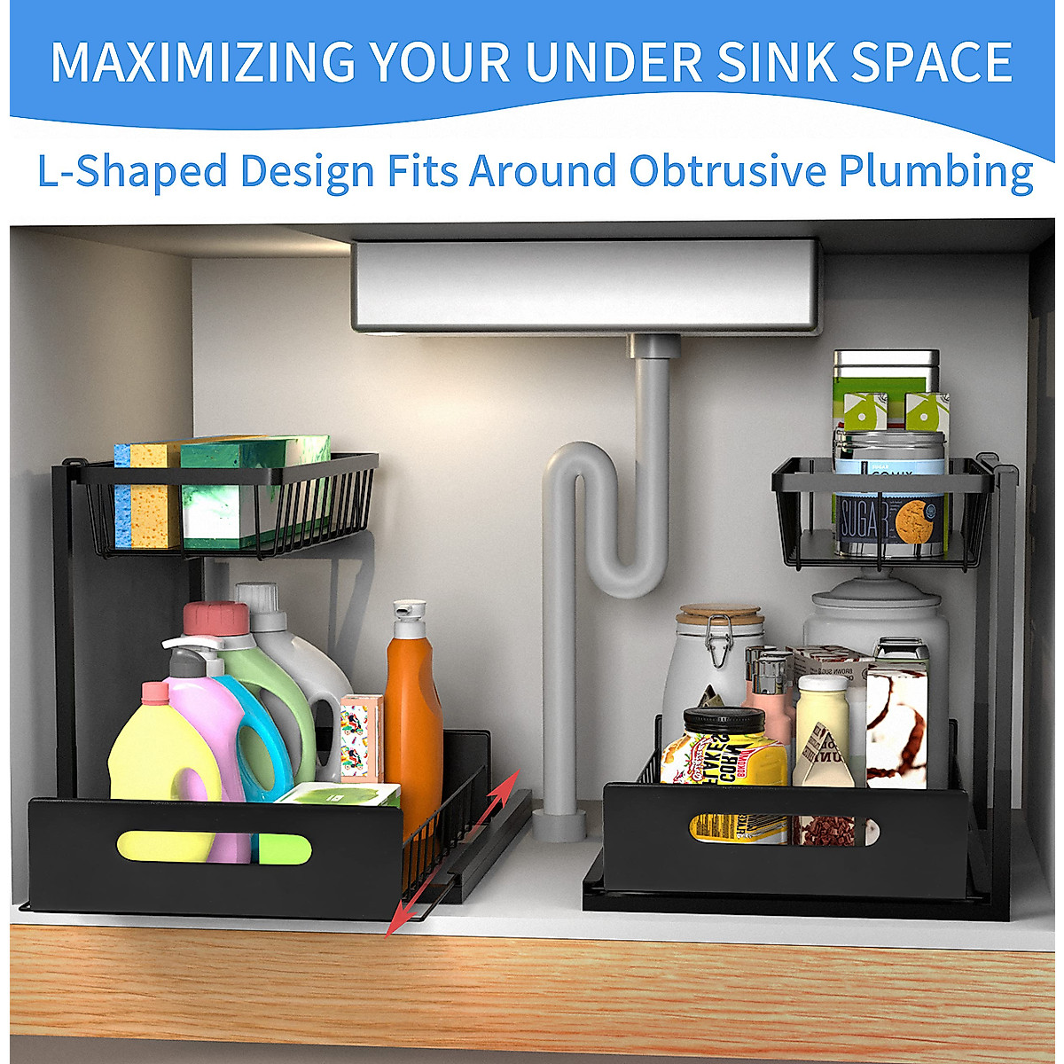 SUTINE Under Sink Organizer, 2 Tier L-Shape Bathroom Organizer Under Sink Organizers and Storage, Sliding Under Cabinet Organizer Storage Shelf for Kitchen Bathroom, Black