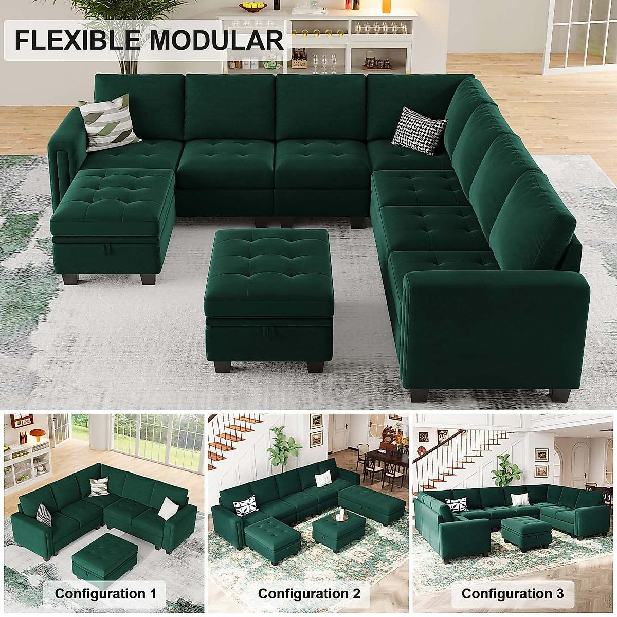 Belffin Oversized Velvet Modular 8-Seat Sectional Sofa Set with Storage Ottoman U Shaped Couch Set Modular Sectional Convertible Sofa Couch with Reversible Chaise Corner Sofa Couch Set Green