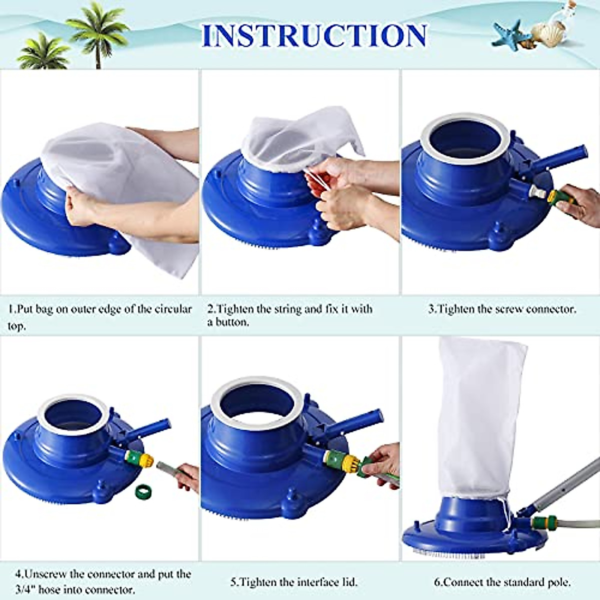 WSBART Pool Leaf Vacuum 15” Pool Leaf Sucker Swimming Pool Leaf Vacuum Cleaner for Above Ground Pool Inground Pool with Brush Mesh Bag Underwater Cleaner