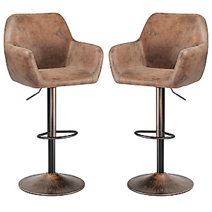 Keyluv Bar Stools Set of 2 for Kitchen Counter Adjustable Swivel Height Barstools 29 Inch Faux Leather Bar Chairs with Padded Back and Chromed Metal Base, Retro Brown