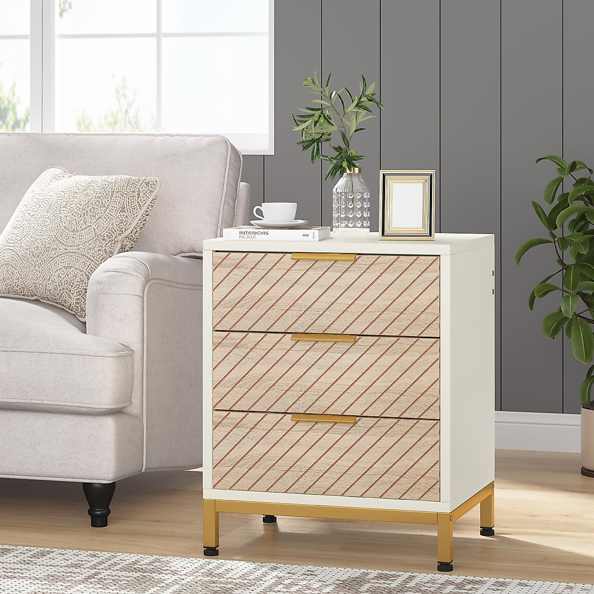 Tribesigns Night Stands for Bedrooms, White and Gold Light Wood Grain Nightstands with 3 Drawers Bedside End Tables Storage for Bedroom
