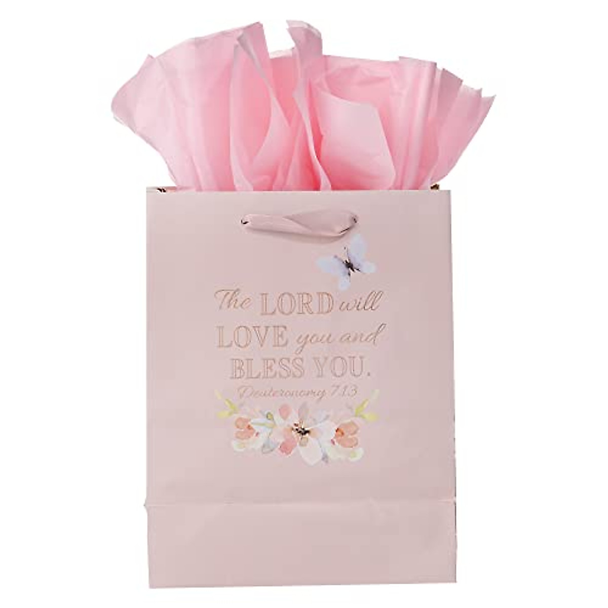 Christian Art Gifts Gift Bag/Tissue Paper Set Abundantly Blessed Deuteronomy 7:13 Bible Verse, Pink Butterfly, Medium