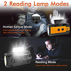 Emergency Radio 4000 mAh, Hand Crank Radio,Solar Weather Radio, Portable AM/FM/NOAA Weather Radio with Bright Flashlight&Motion Sensor Reading Lamp,SOS Alarm, Phone Charger for Hurricane,Survival