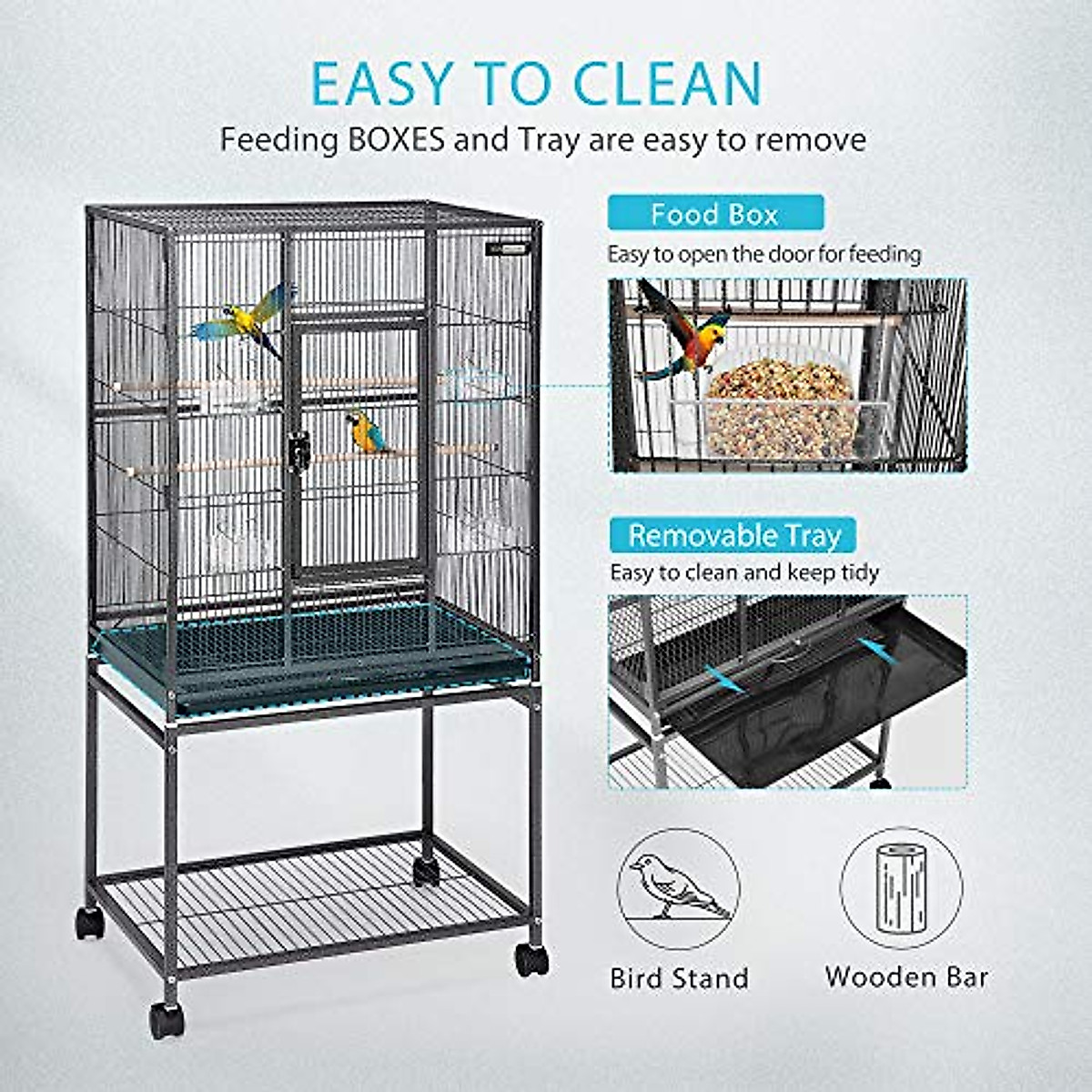 VIVOHOME 54 Inch Wrought Iron Large Bird Cage with Rolling Stand with 30 Inch Height Wrought Iron Bird Cage with Rolling Stand