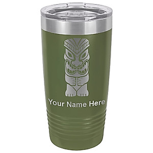 LaserGram 20oz Vacuum Insulated Tumbler Mug, Tiki Statue, Personalized Engraving Included (Camo Green)