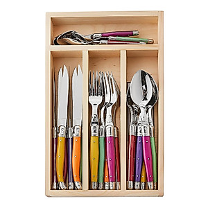Jean Dubost Laguiole 24-Piece Everyday Flatware Set, Fruity Handles - Rust-Resistant Stainless Steel - Includes Wooden Tray - Made in France