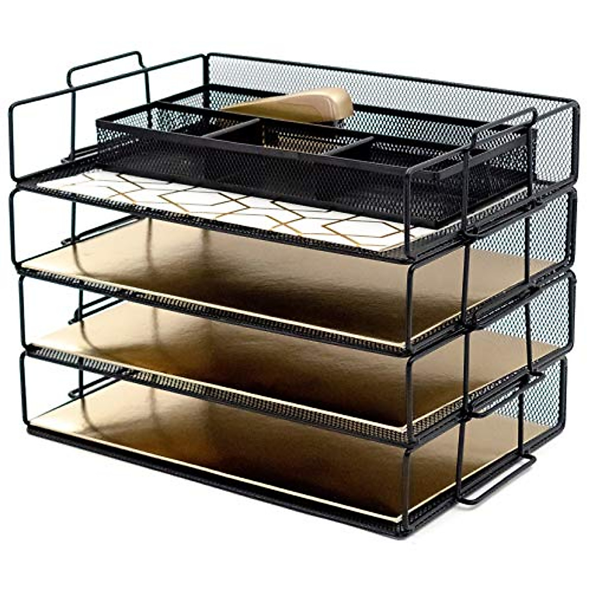 Blu Monaco Desk Organizers and Accessories Stackable Paper Tray - 4 Tier Stackable Letter Trays - Black Metal Mesh File Holder Organizer
