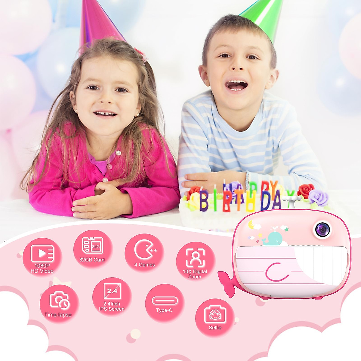 Instant Print Camera for Kids, USHINING Kids Instant Cameras Ink Free Printing Selfie Digital Camera for Kids Aged 3-12,1080P Video Camera with 2.4" Screen,SD Card,Color Pens,Papers,Lanyard (Pink)