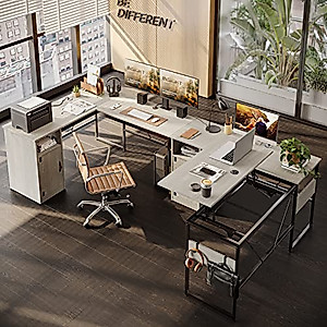 Bestier Lift Top Reversible L Shaped Desk with File Cabinet Standing Computer Desk with Storage Height Adjustable Home Office Desk Corner Desk Long Table for 2 People Bedroom Living Room(Wash White)