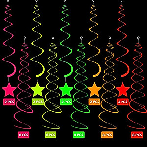50 Pieces Glow Party Supplies Hanging Swirl Decorations Neon Star Swirl Hanging Decorations for Neon Party Glow Party Ceiling Decorations
