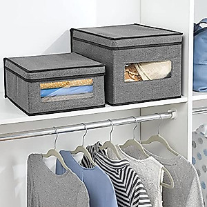 mDesign Medium Fabric Stackable Closet Storage Organizer Box with Front Window/Lid for Bedroom, Office, Mudroom Organization, Hold Clothes, Blankets, Linens, Lido Collection, Dark Gray/Black