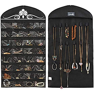 Misslo Jewelry Hanging Non-Woven Organizer Holder 32 Pockets 18 Hook and Loops - Black