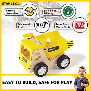 Stanley Jr. DIY Dump Truck Kit for Kids - Easy to Assemble Model Truck Kit - Yellow Dump Truck Model Set - Wood Dump Truck Craft - Paint & Decals Included