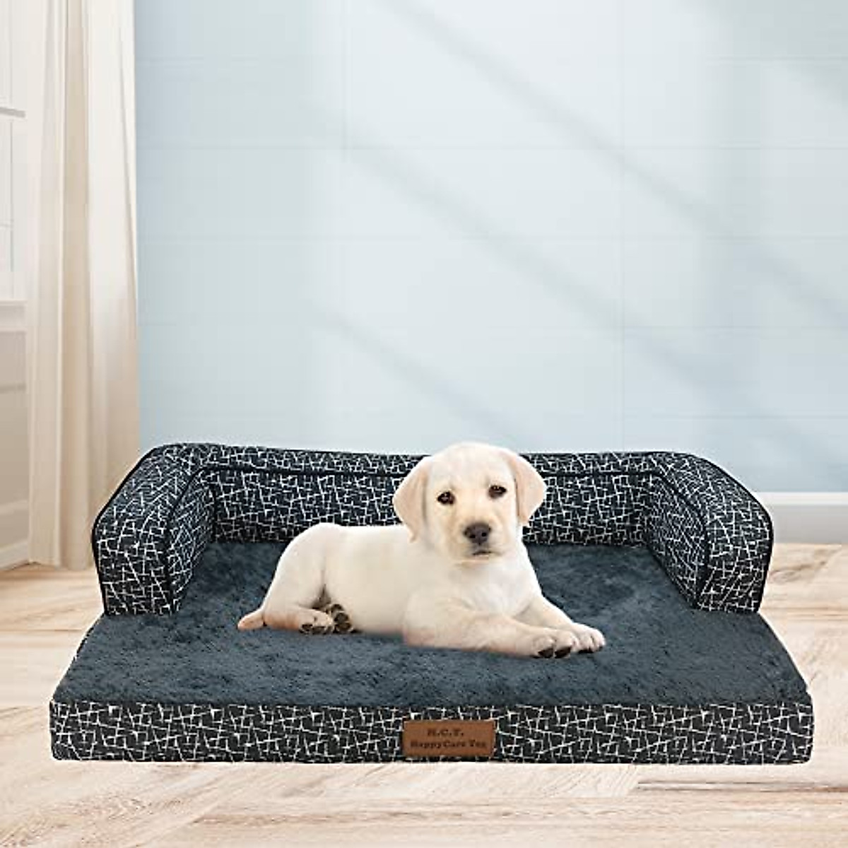 long rich Rectangle Pet Bed, Cozy Latex Foam Dog Sofa Bed for Small, Medium, and Large Pets, Waterproof PV Plush Fabric Pet Cushion,Non-Slip (30" x 20" x 6.5", Printed Canvas-Grey) (LTX-BLACK-M-4697)