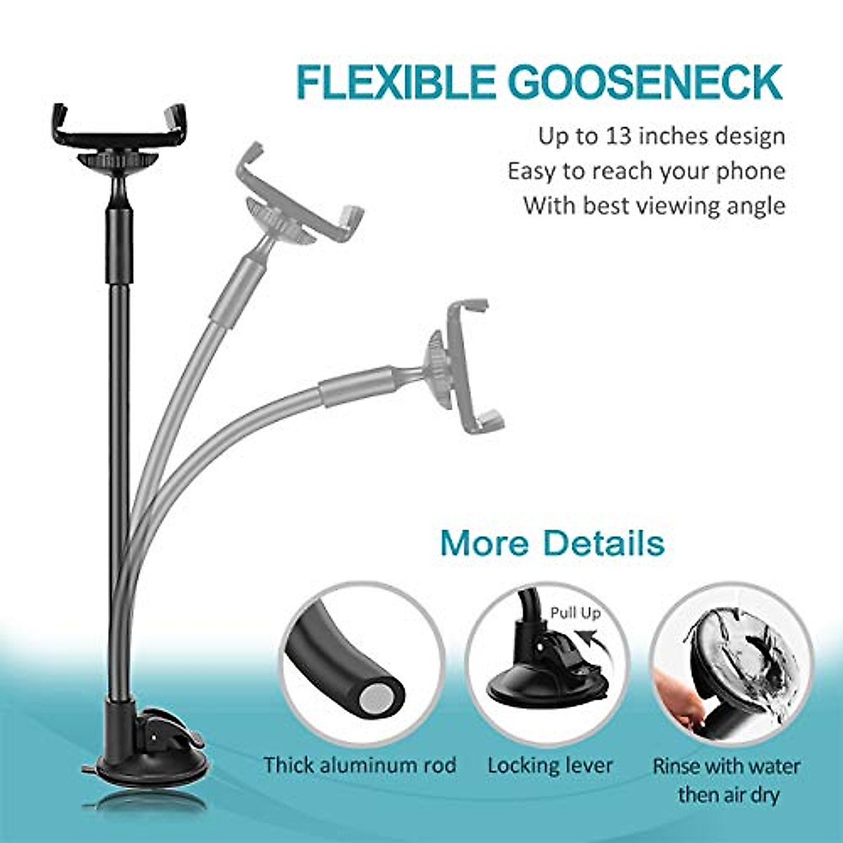 Newward Car Phone Holder Mount, [ 2 Different Sizes Clamp ] Long Arm Windshield Universal Cell Phone Holder for Car Truck [Strong Suction Anti-Shake Stabilizer] Compatible iPhone Android Smartphones