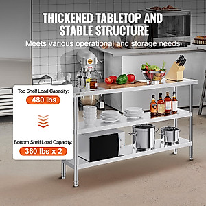 VEVOR Stainless Steel Food Prep Table, 14 x 60 x 34 Inch Commercial Kitchen Worktable, with 2 Adjustable Undershelf, Heavy Duty Prep Table Metal Work Table for BBQ, Kitchen, Home, and Garage
