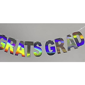 Holographic Congrats Grad Banner Decorations Sign, Iridescent Hanging Bunting String Flag Garland for Graduation Ceremony Party Decoration