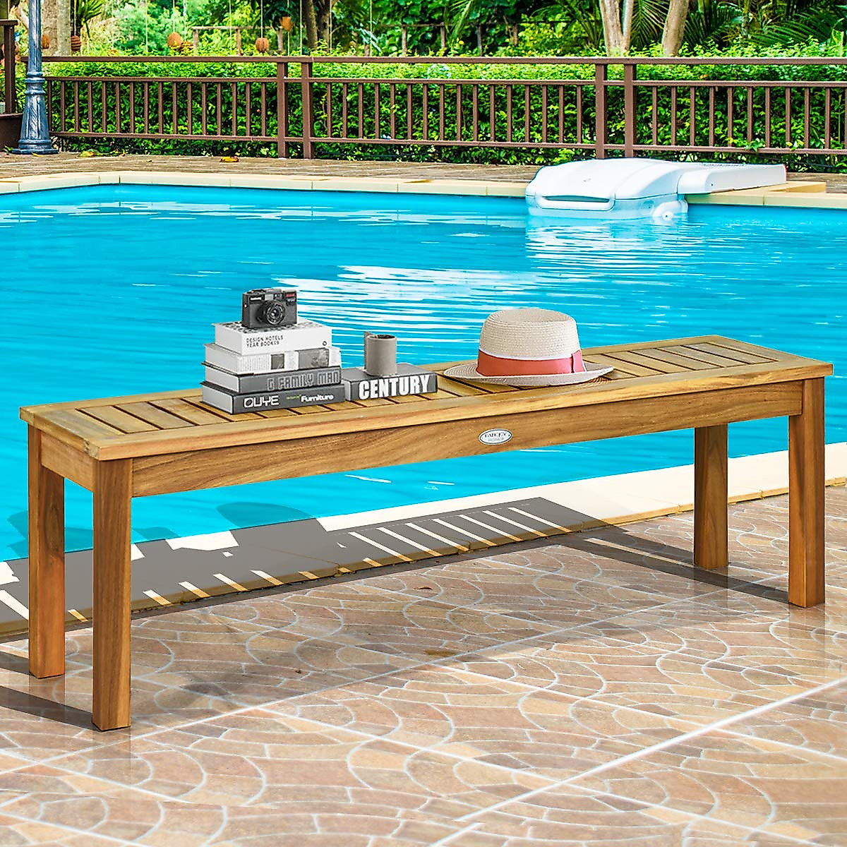 Tangkula 52 Inches Acacia Wood Outdoor Bench, Wood Bench for Dining Room Entryway Poolside Garden, Patio Backless Dining Bench with Slatted Seat, Ideal for Outdoors & Indoors