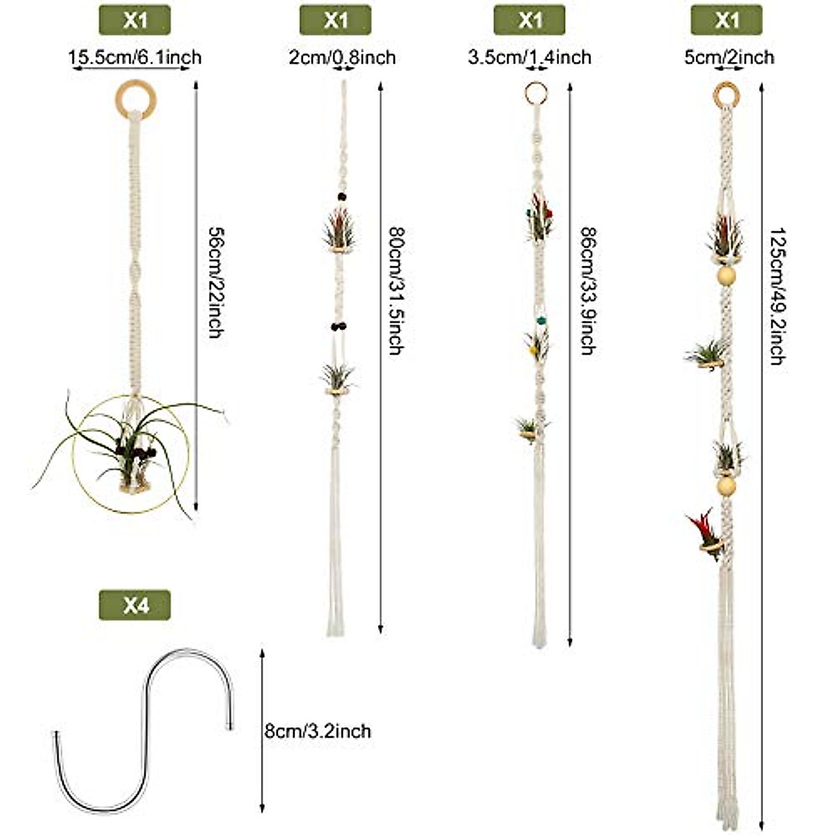 4 Pieces Hanging Air Plant Holders Tassel Plant Hanger Fabric Woven Hanging Plant Holder Decorative Air Plant Hanger with 4 Pieces Hooks for Home Plant Decoration (Beige)