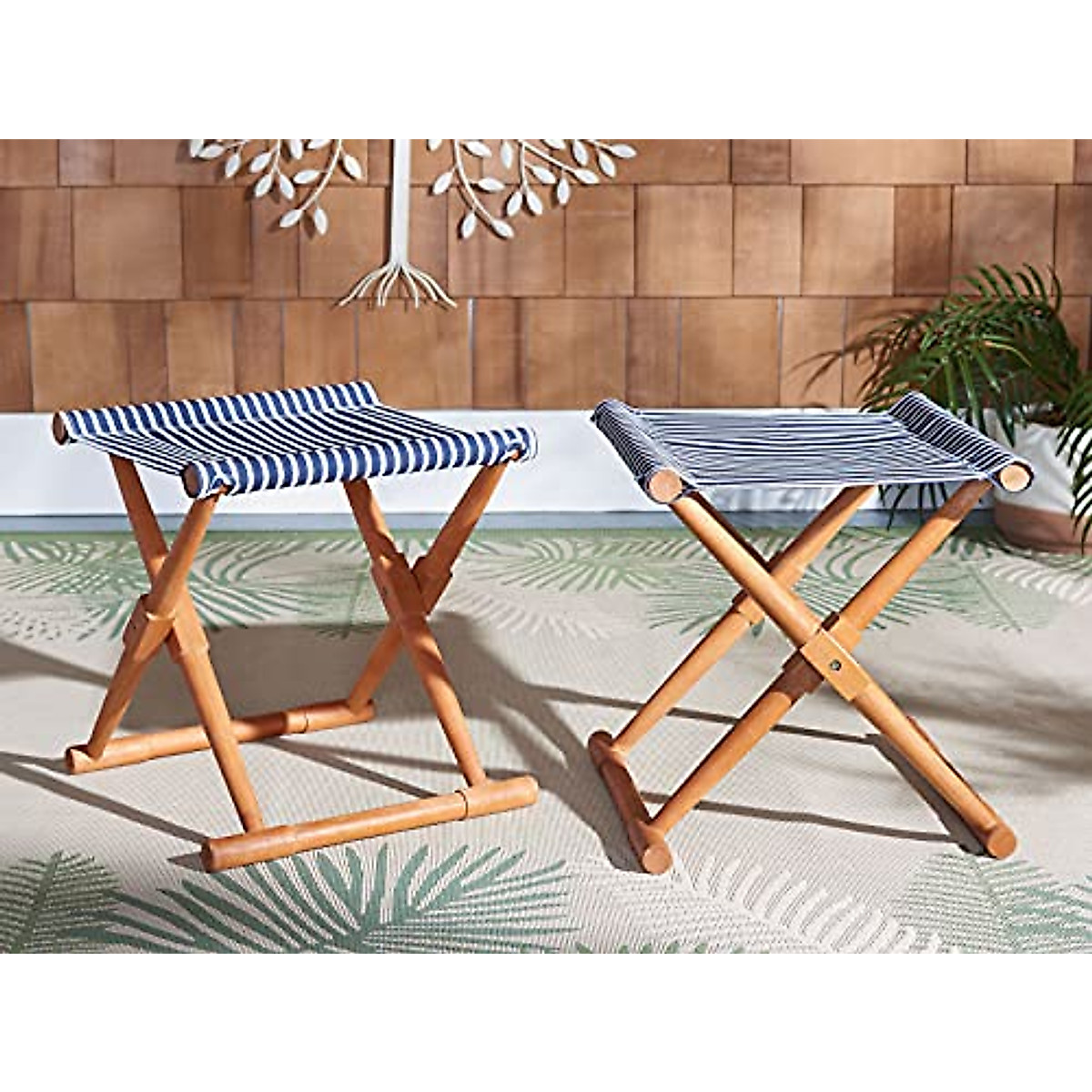 Safavieh PAT7053C-SET2 Outdoor Breanne Natural and Navy Striped (Set of 2) Stool