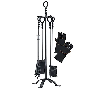 Lichamp Fireplace Tools Set, 5-Pieces Indoor Outdoor Sturdy Fire Place Poker Sets with Retro Handle and Heat Resistant Leather Gloves, FTS55BK